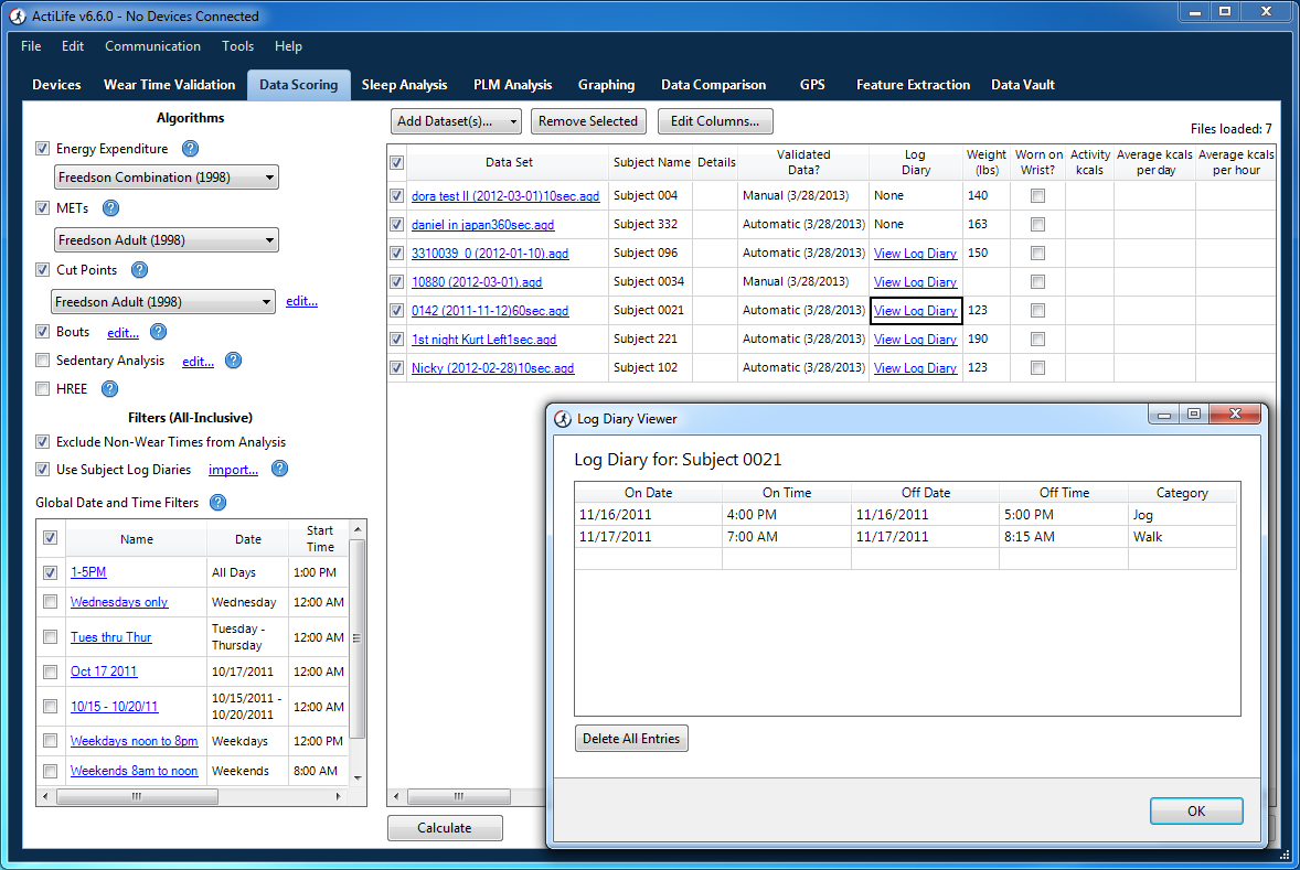 What are "Log Diaries" and how do they work in ActiLife?